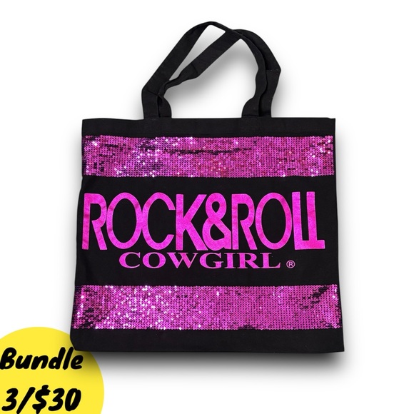Bags | Rock Roll Cowgirl Black Hot Pink Sequins Canvas Tote Bag Shopper ...